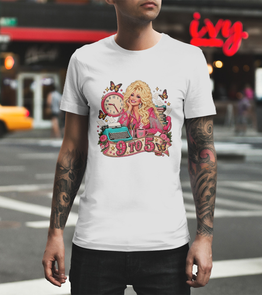 9 To 5 Dolly Parton Music Western Cowgirl Icon With Butterflies And Typewriter T-Shirt