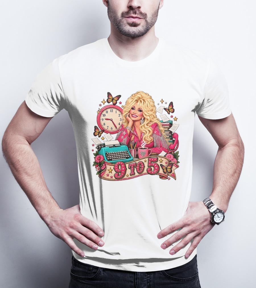 9 To 5 Dolly Parton Music Western Cowgirl Icon With Butterflies And Typewriter T-Shirt