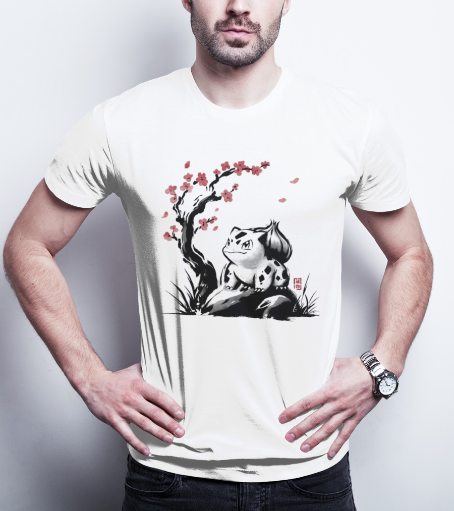 Bulbasaur Sumi E Ink Wash Painting With Cherry Blossom Pokemon T-Shirt