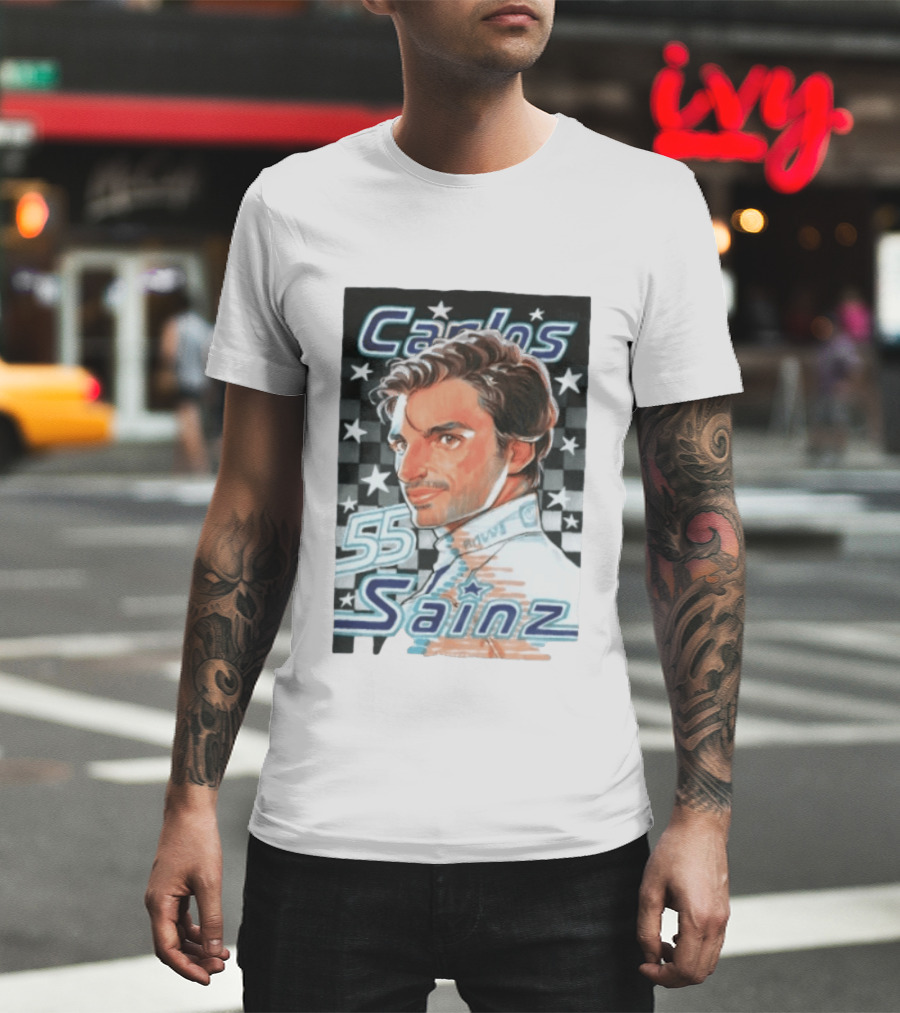 Carlos Sainz No 55 Formula 1 Racing Star Checkerboard T-Shirt