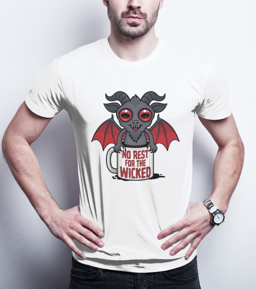No Rest For The Wicked Little Demon Coffee Red Eyed Bat Wings T-Shirt