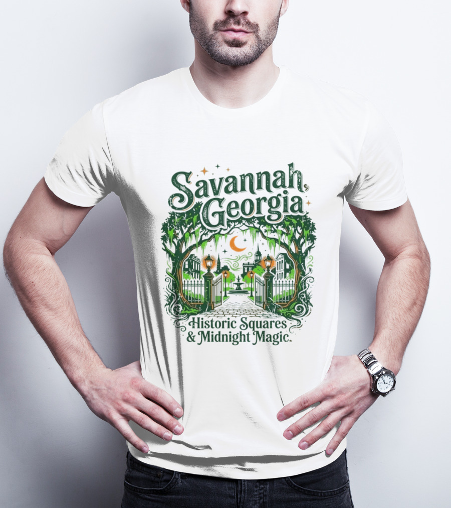 Savannah Georgia Historic Squares Midnight Magic Crescent Moon And Lanterns T-Shirt