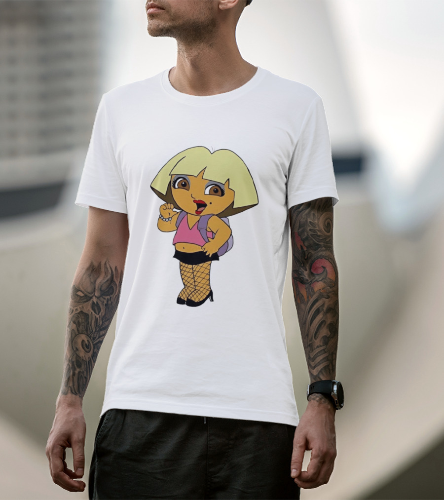 Explorer Parody Cartoon Mashup Pop Culture Icon With Backpack And Fishnets T-Shirt