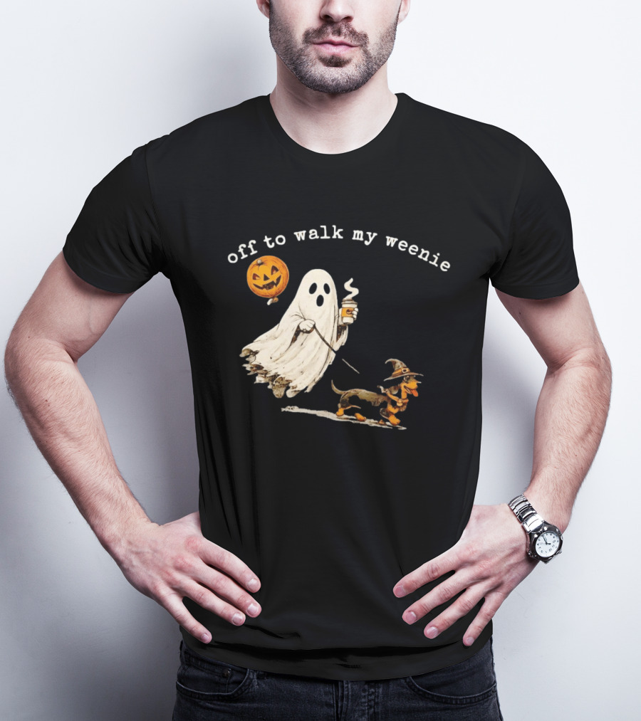 Ghost Walking With Pumpkin Balloon And Dachshund Halloween Fun T-Shirt