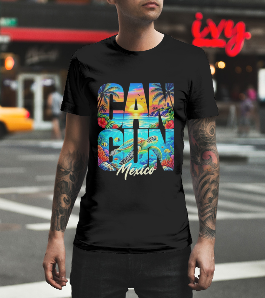 Cancun Mexico Tropical Sea Turtle Sunset Palm Trees Ocean Scene T-Shirt