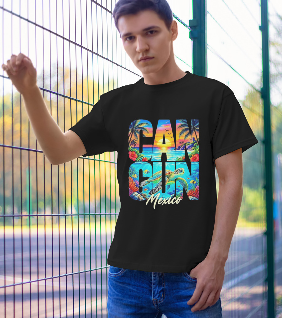 Cancun Mexico Tropical Sea Turtle Sunset Palm Trees Ocean Scene T-Shirt