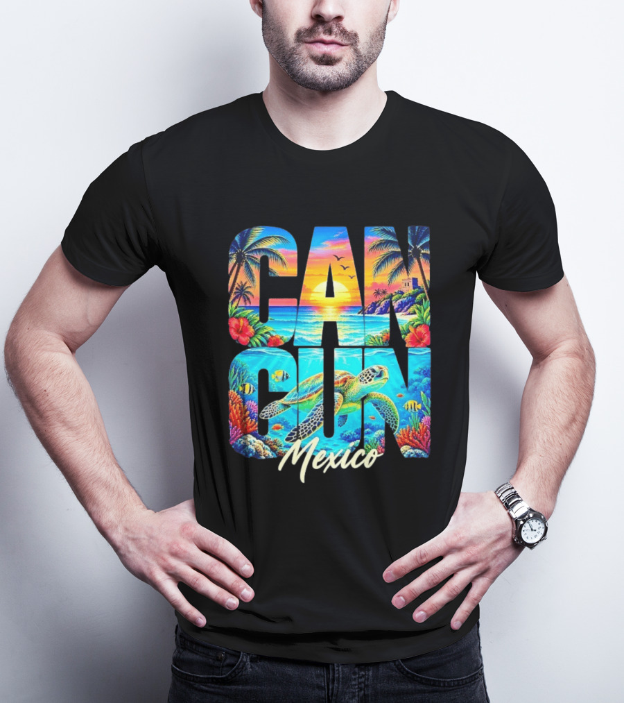 Cancun Mexico Tropical Sea Turtle Sunset Palm Trees Ocean Scene T-Shirt