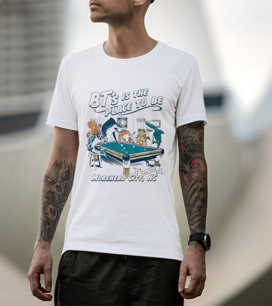 BT's Is The Place To Be Morehead City NC Since 1972 Pool Hall Sea Creatures Playing Billiards T-Shirt