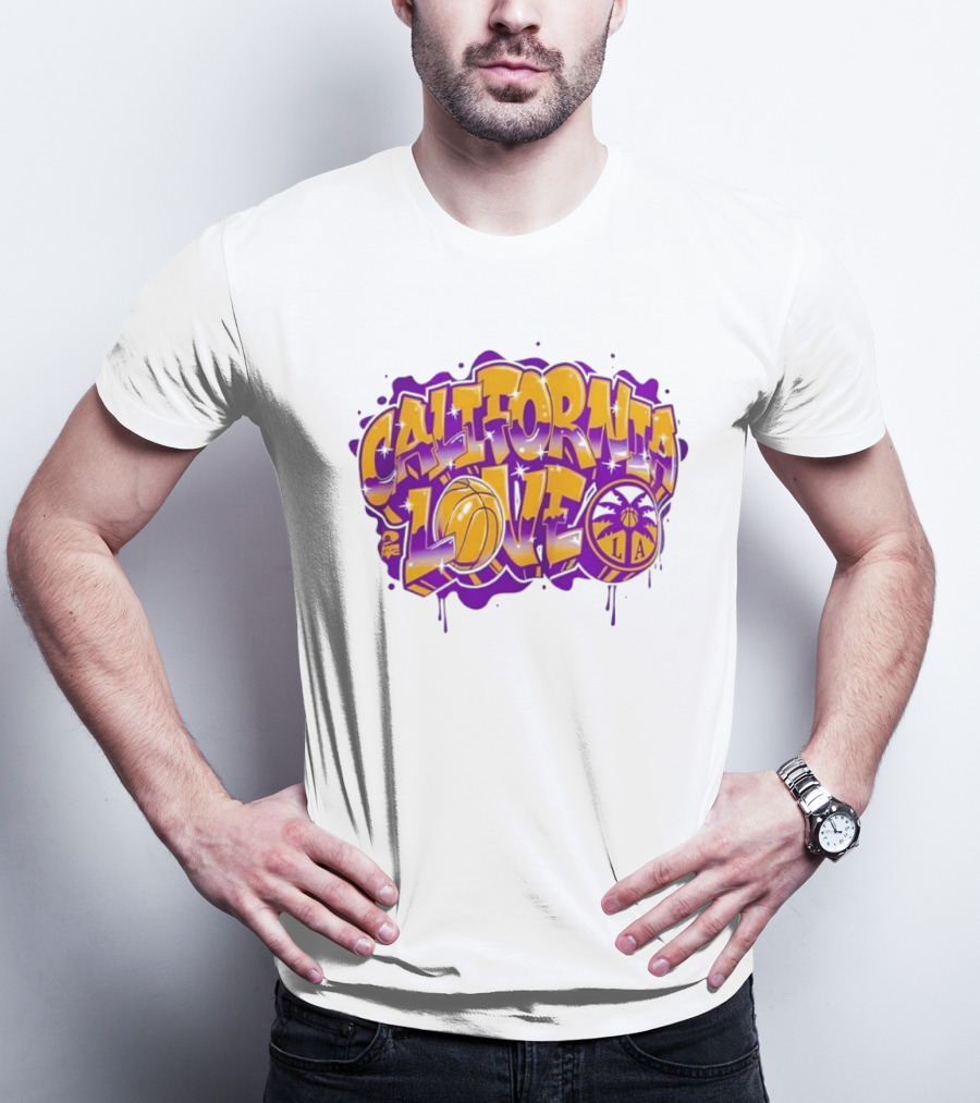 California Love Los Angeles Basketball LA Graffiti Style With Palm Trees And Purple Basketball T-Shirt
