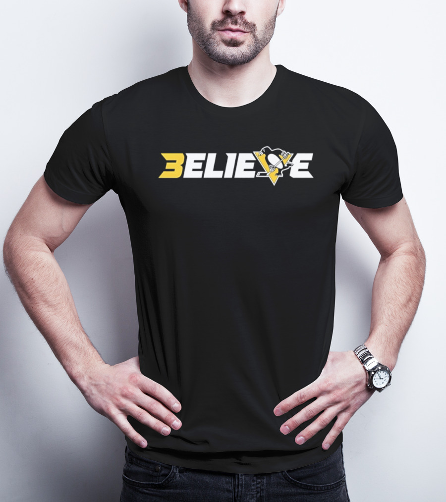 Pittsburgh Penguins Believe NHL Hockey Logo Triangular Yellow Black White Silhouette Iconic Team T-Shirt