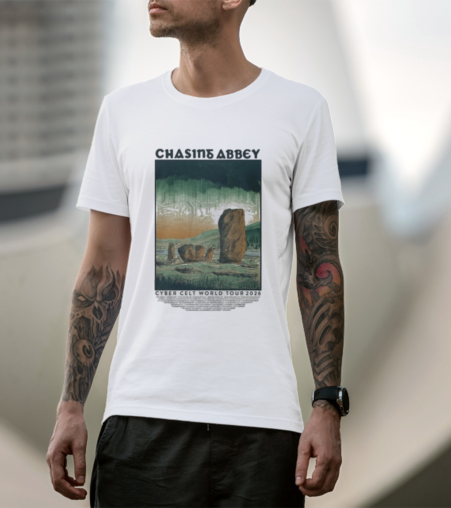 Chasins Abbey Cyber Celt World Tour 2026 Digital Stonehenge Landscape T-Shirt
