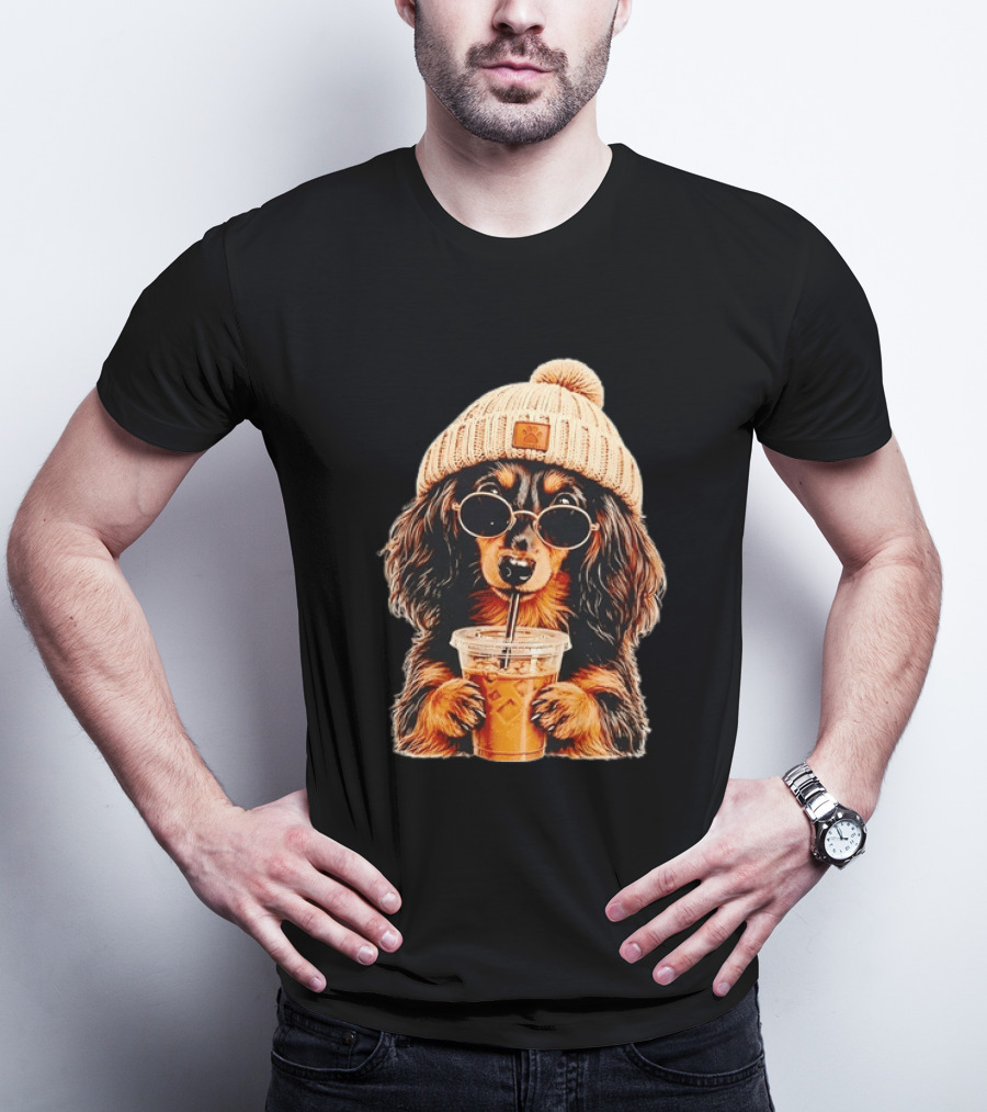 Dachshund Beanie Sunglasses Iced Coffee Trendy Dog Fashion T-Shirt