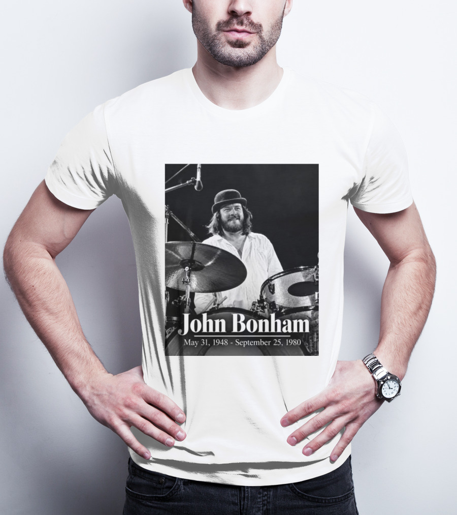 John Bonham May 31 1948 September 25 1980 Drummer Tribute Black And White Photo T-Shirt
