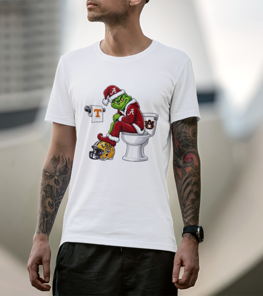 Alabama Crimson Tide Santa Grinch Sitting Auburn Toilet LSU Helmet Christmas T-Shirt