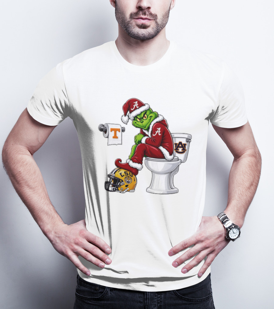 Alabama Crimson Tide Santa Grinch Sitting Auburn Toilet LSU Helmet Christmas T-Shirt