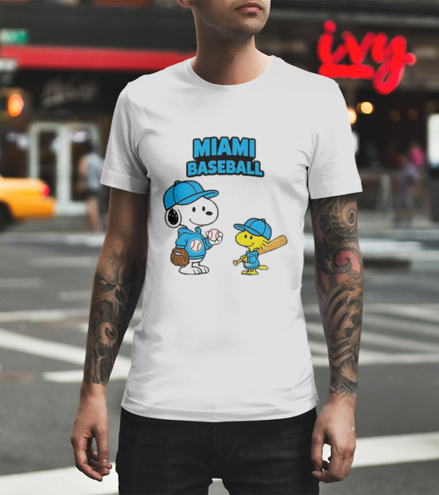 Snoopy Woodstock Miami Baseball Peanuts Cartoon MLB T-Shirt