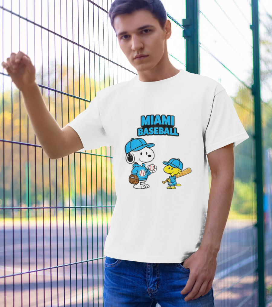 Snoopy Woodstock Miami Baseball Peanuts Cartoon MLB T-Shirt