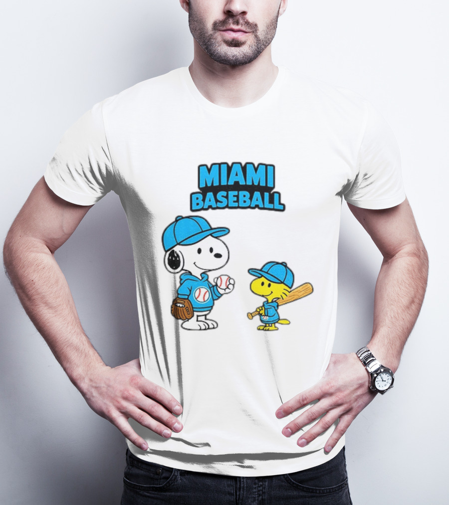 Snoopy Woodstock Miami Baseball Peanuts Cartoon MLB T-Shirt