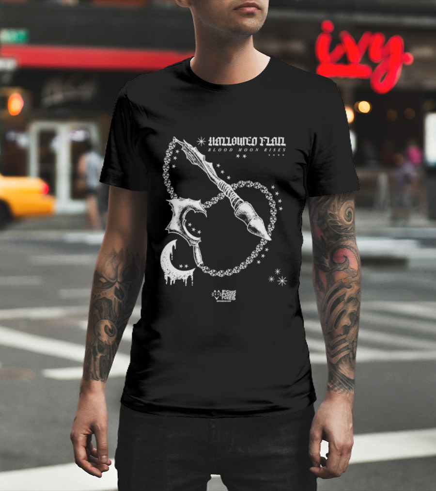 Hallowed Flan Blood Moon Rises Gothic Dark Fantasy Dripping Crescent Stars T-Shirt