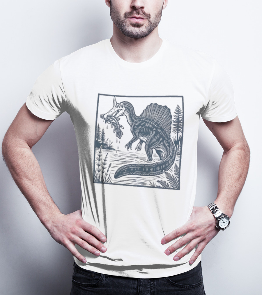 Spinosaurus Catching Fish With Forest T-Shirt