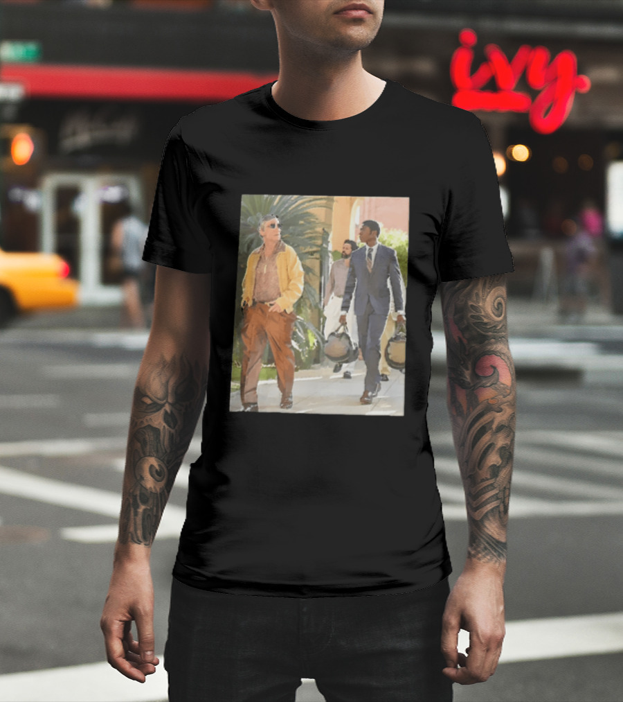 Men In Stylish Outfits Walking Outdoors With Bags T-Shirt