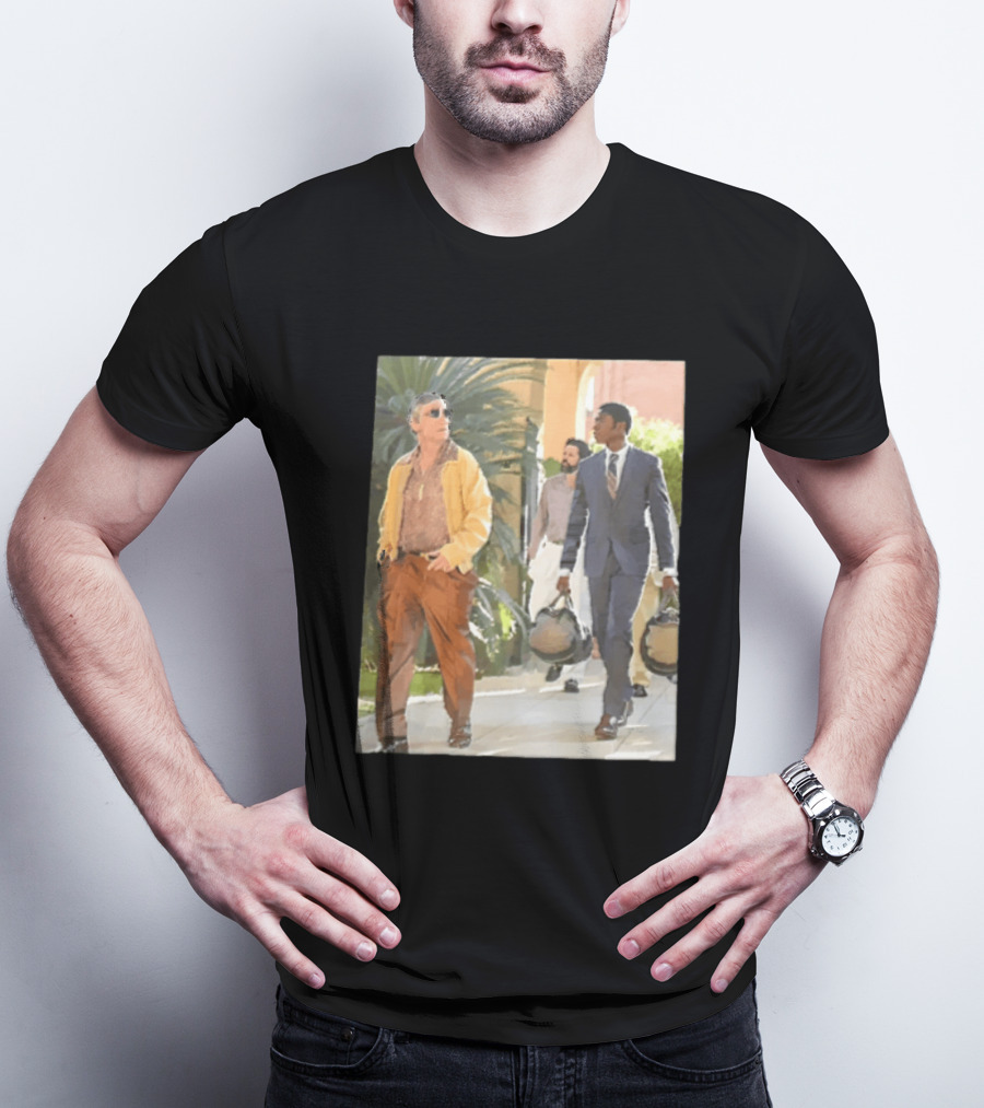 Men In Stylish Outfits Walking Outdoors With Bags T-Shirt