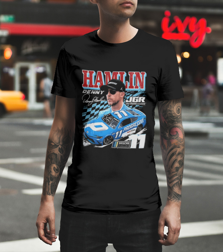 Denny Hamlin Joe Gibbs Racing NASCAR Progressive 11 Racer With Signature And Sunglasses T-Shirt