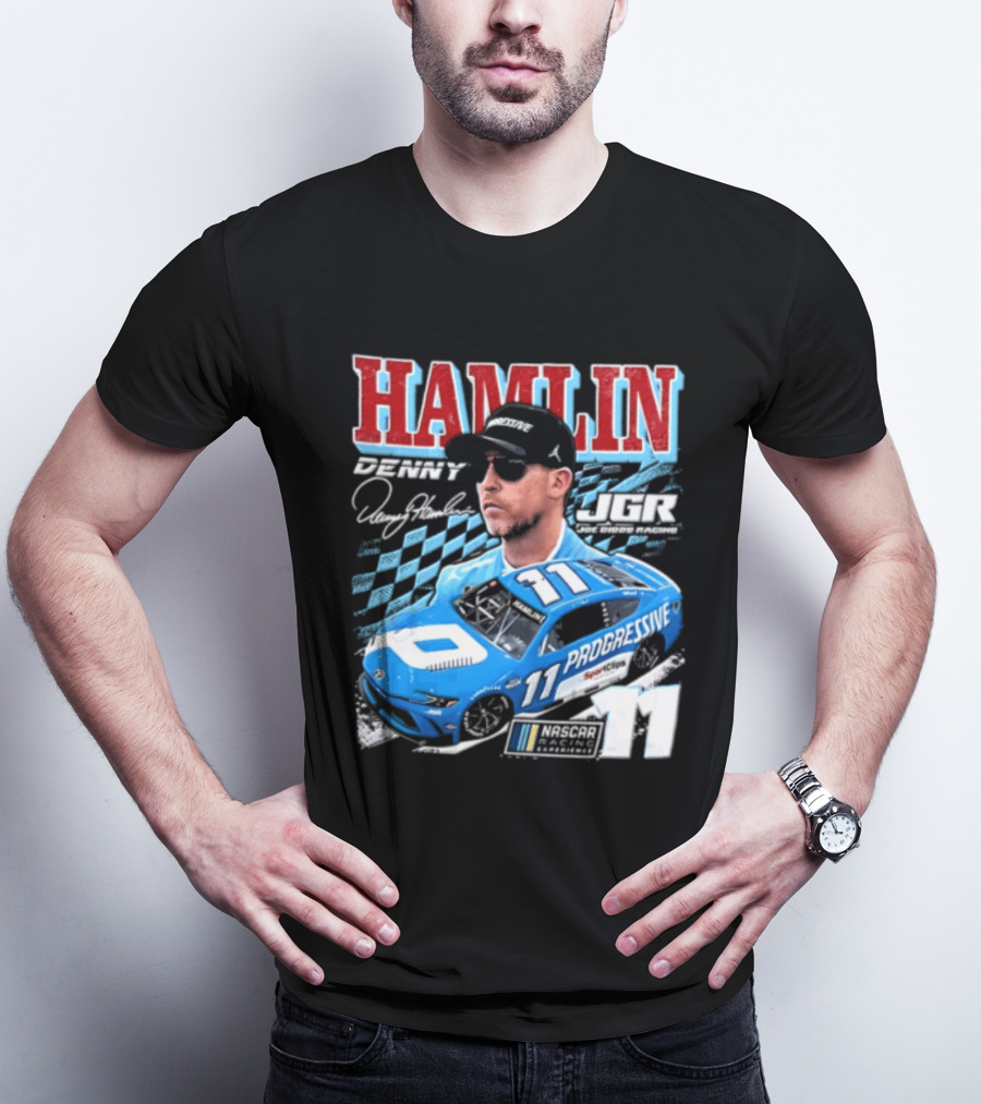 Denny Hamlin Joe Gibbs Racing NASCAR Progressive 11 Racer With Signature And Sunglasses T-Shirt