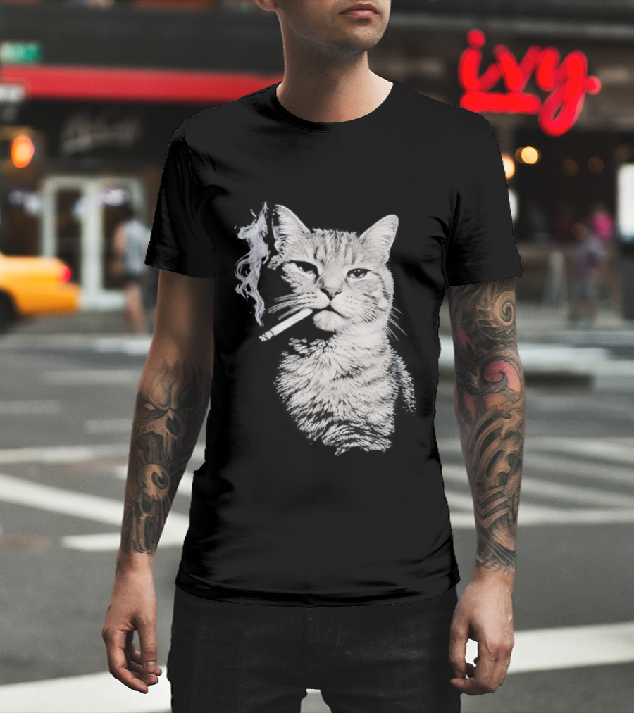 Tabby Cat Smoking Cigarette Animal T-Shirt
