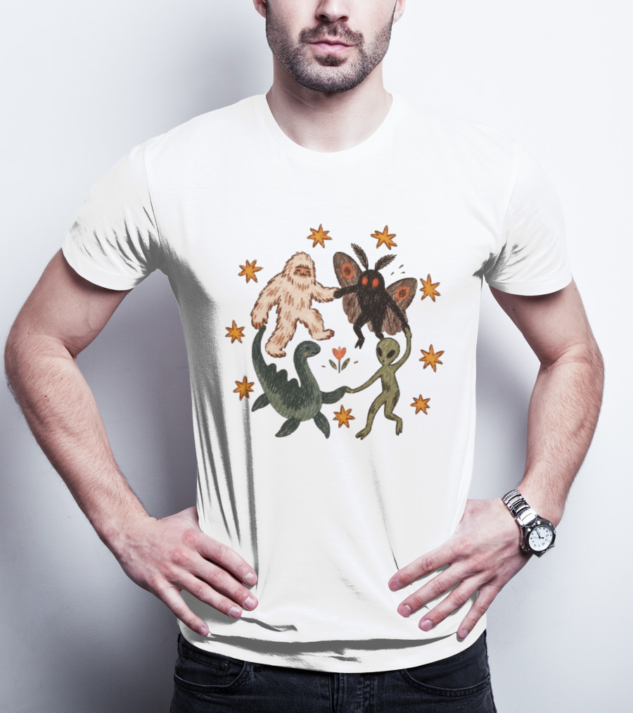 Bigfoot Mothman Loch Ness Monster Alien Dancing Cryptids With Stars T-Shirt