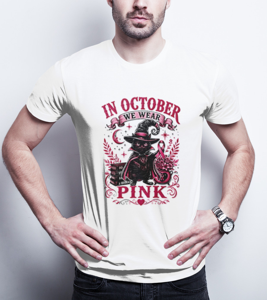 In October We Wear Pink Black Cat Witch Breast Cancer Awareness Month T-Shirt