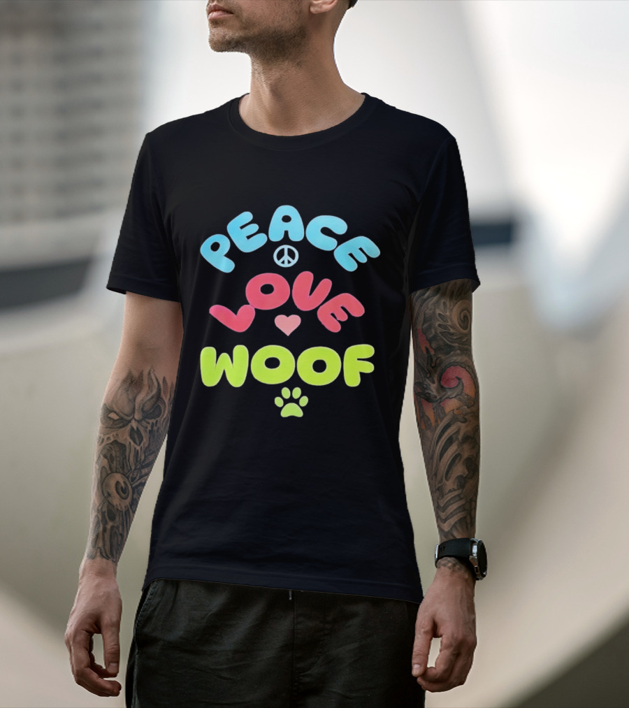 Peace Love Woof Paw Dog Lover Peace Sign Heart T-Shirt