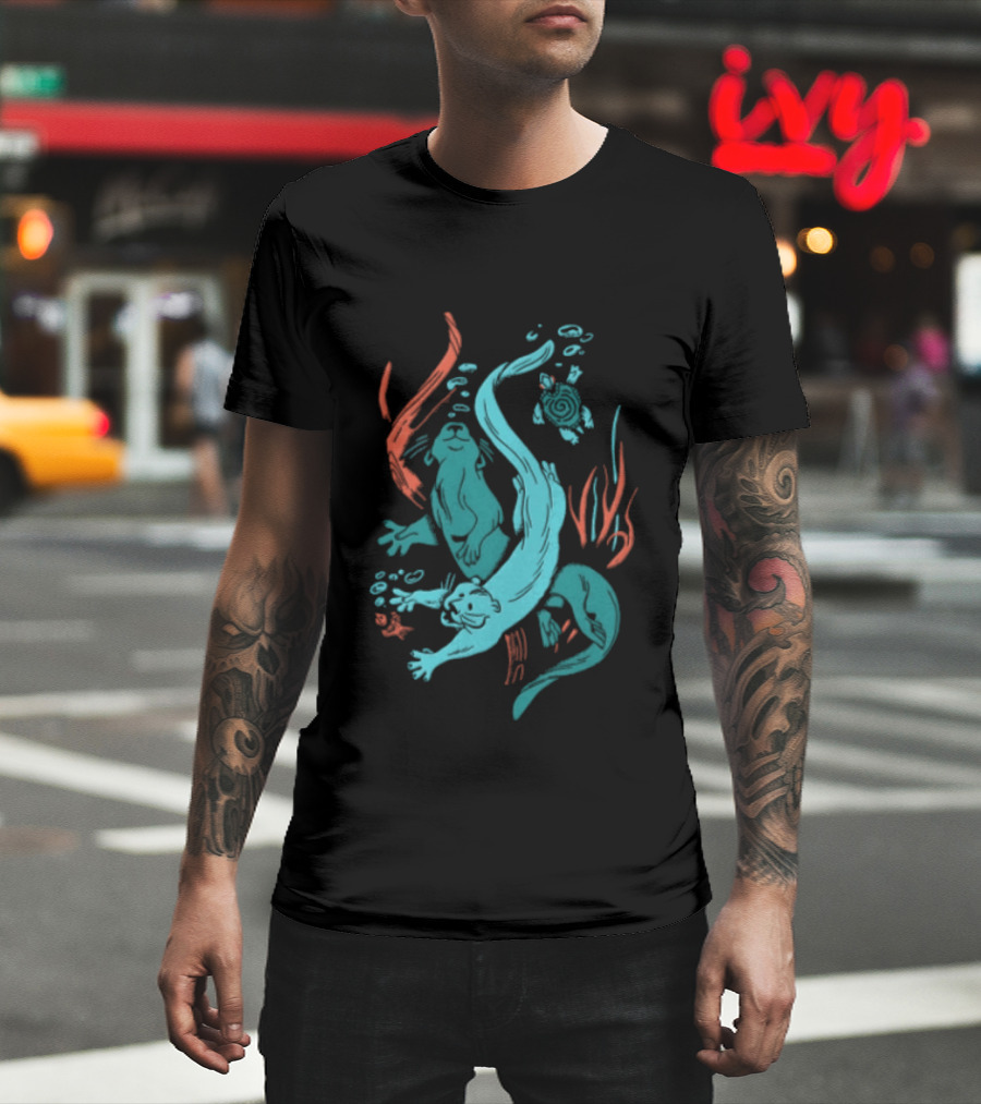 Two Otters Swimming Underwater With Turtle And Seaweed T-Shirt