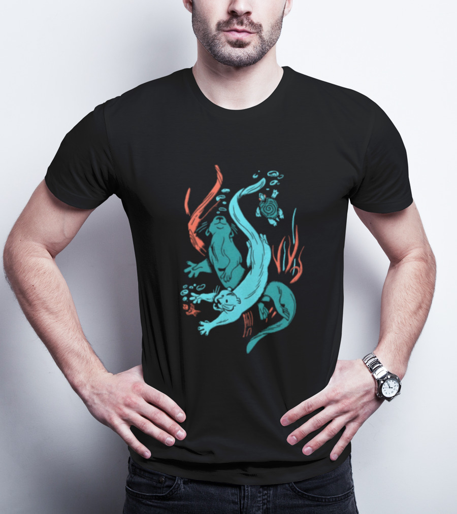 Two Otters Swimming Underwater With Turtle And Seaweed T-Shirt