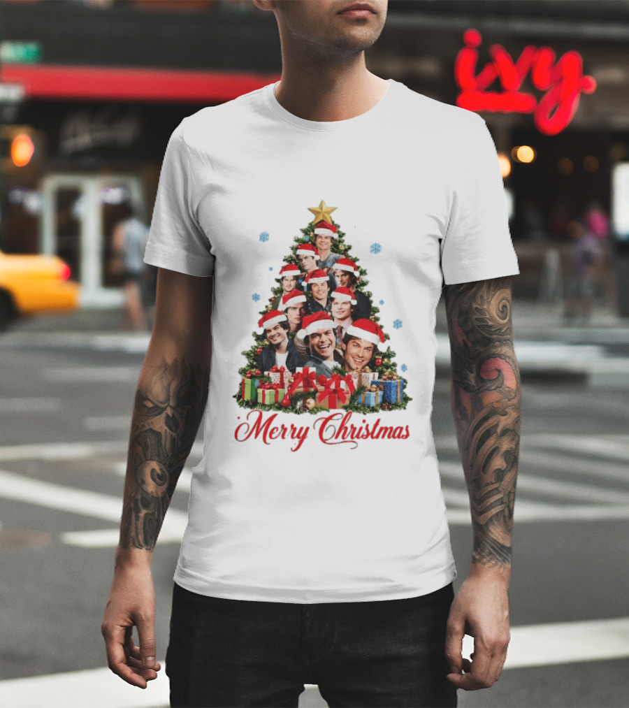 Merry Christmas All I Want For Christmas Is Damon Salvatore Santa Hat Christmas Tree T-Shirt