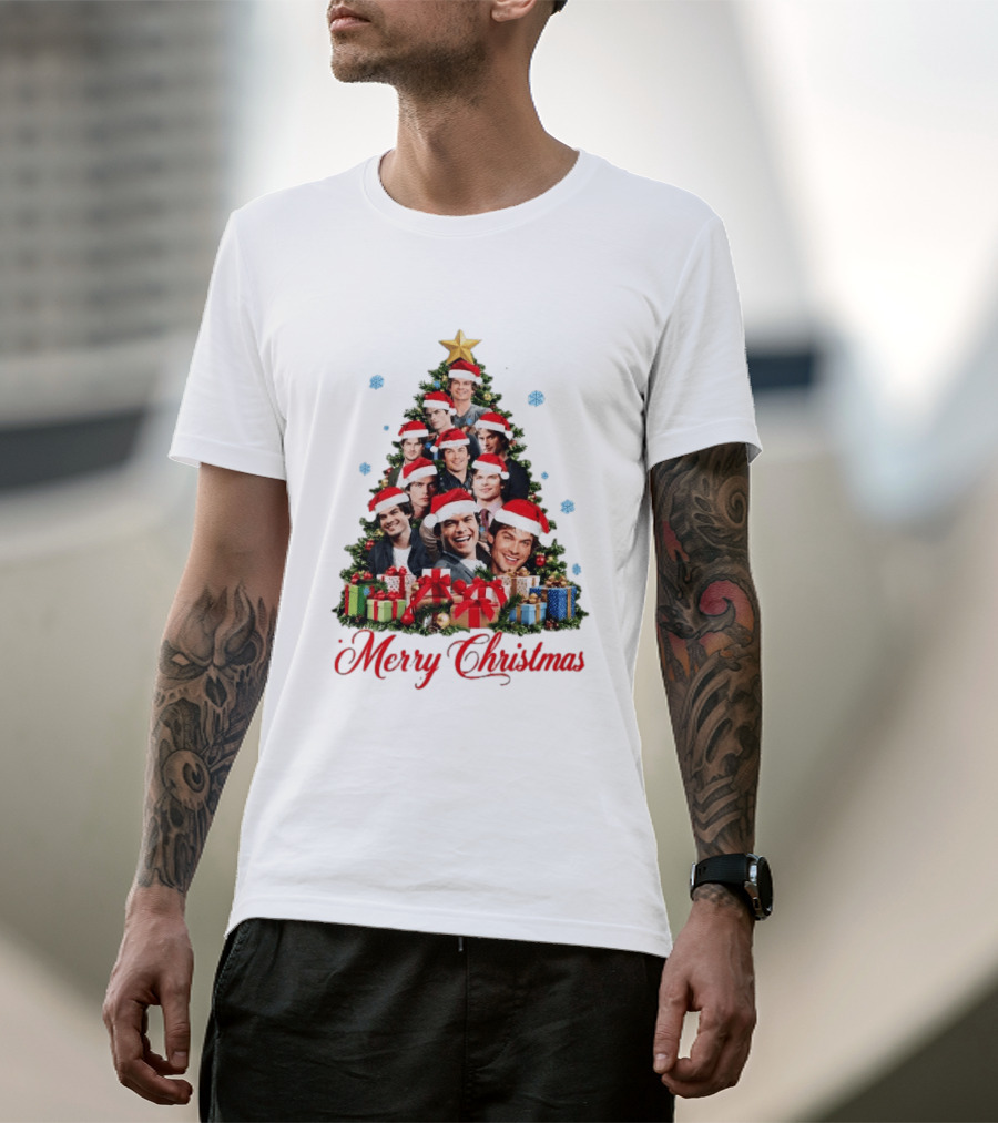 Merry Christmas All I Want For Christmas Is Damon Salvatore Santa Hat Christmas Tree T-Shirt