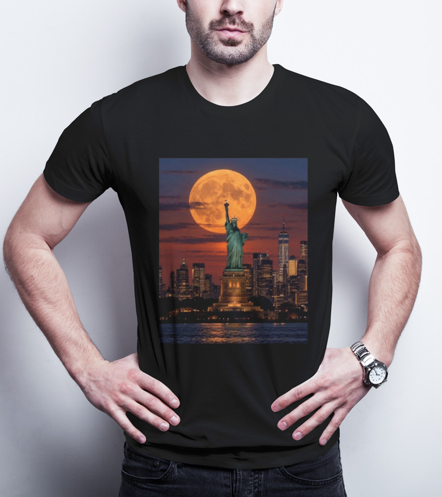 Harvest Moon Over Lady Liberty New York City Skyline September 26 T-Shirt