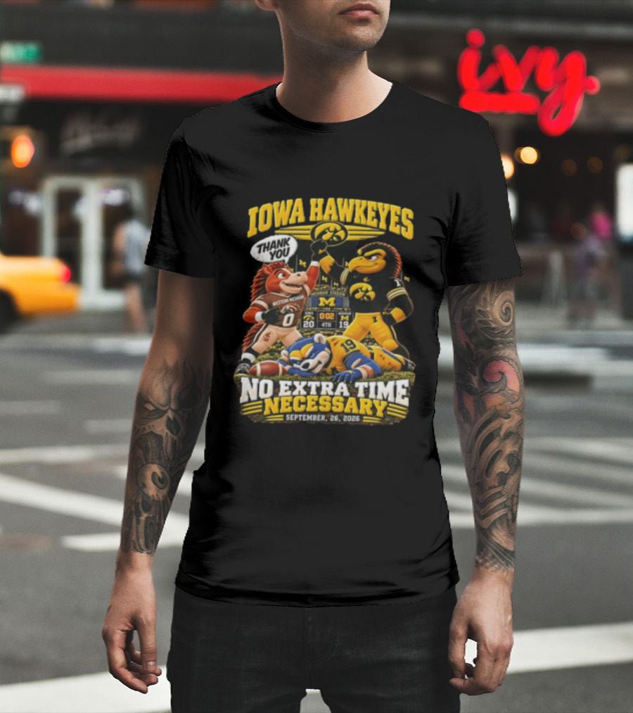 Iowa Hawkeyes Versus Western Michigan And Michigan State Mascots No Extra Time Necessary September 26 2026 T-Shirt