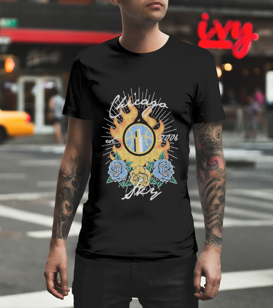 Chicago Sky Est 2006 WNBA Distressed Floral Basketball Flame T-Shirt