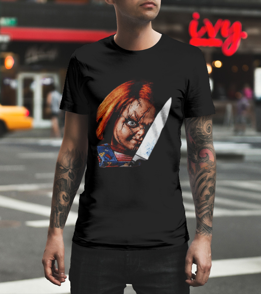 Chucky Child's Play Stitched Doll Knife Horror Movie Character 2 Sided T-Shirt