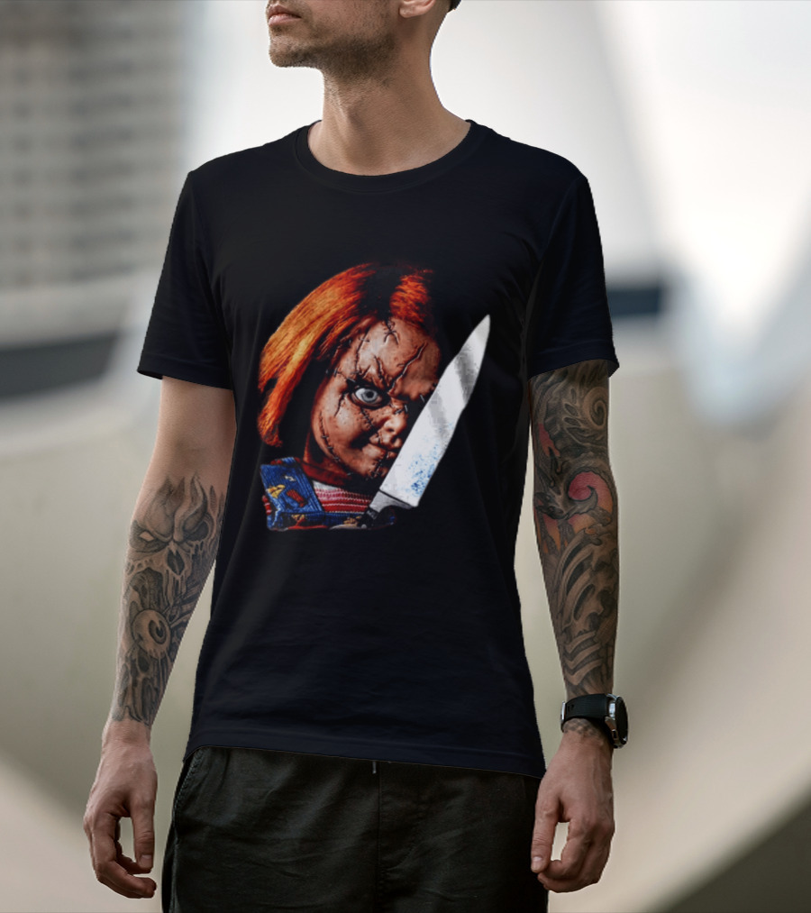 Chucky Child's Play Stitched Doll Knife Horror Movie Character 2 Sided T-Shirt
