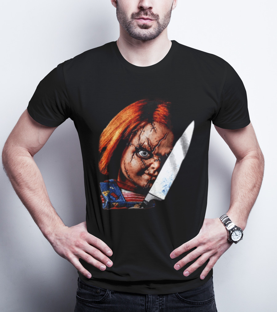 Chucky Child's Play Stitched Doll Knife Horror Movie Character 2 Sided T-Shirt