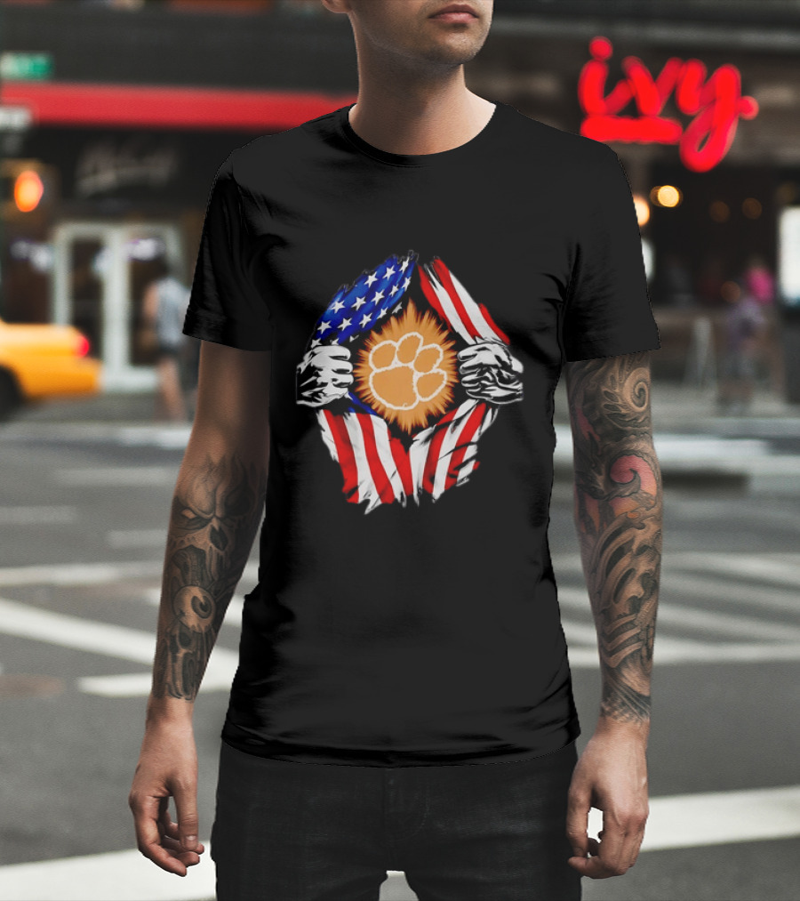 Clemson Tigers Paw Print Ripped American Flag T-Shirt