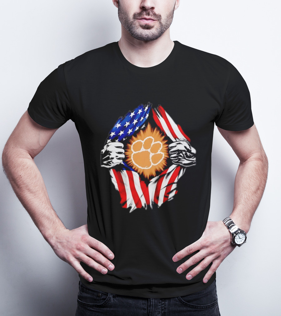 Clemson Tigers Paw Print Ripped American Flag T-Shirt
