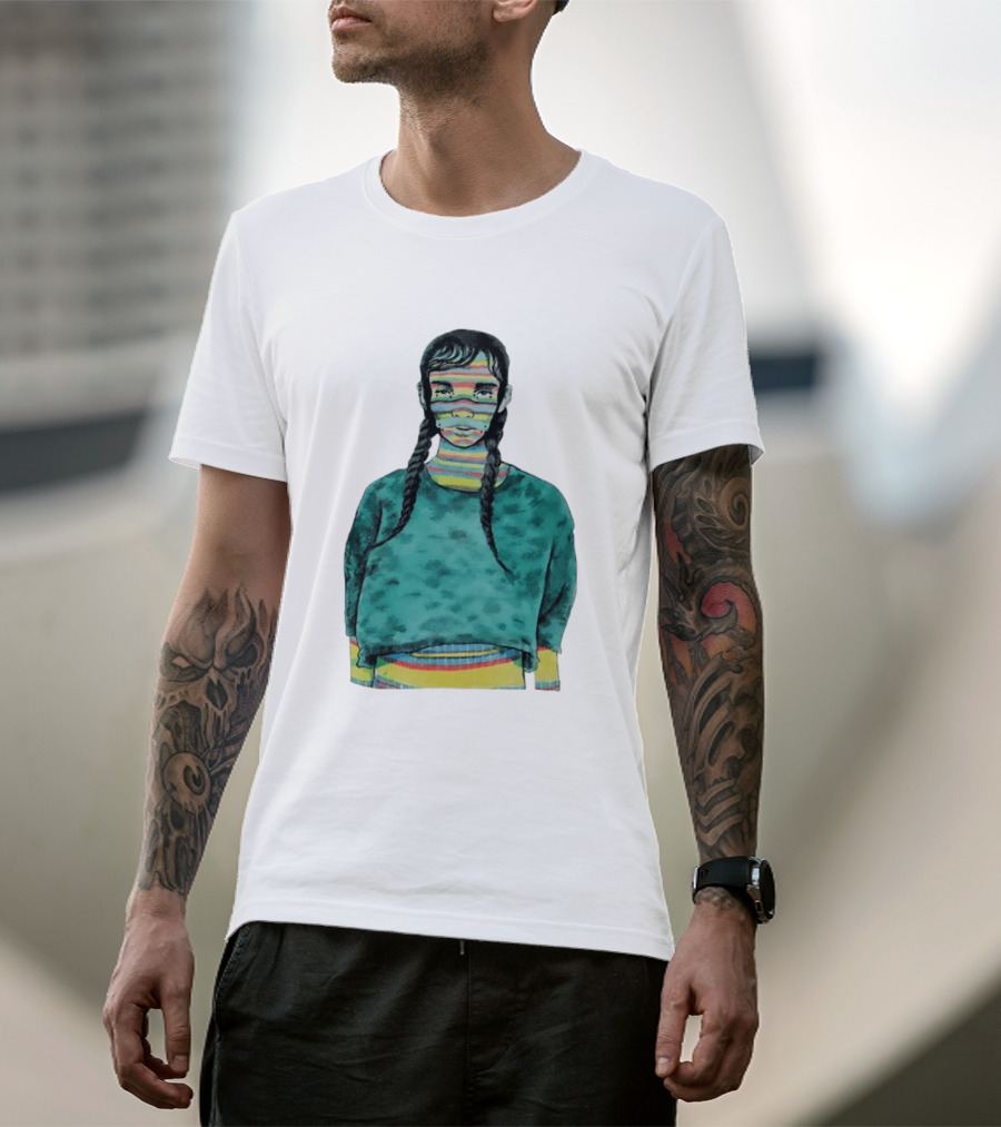 Girl With Braids Colorful Striped Face And Green Sweater T-Shirt