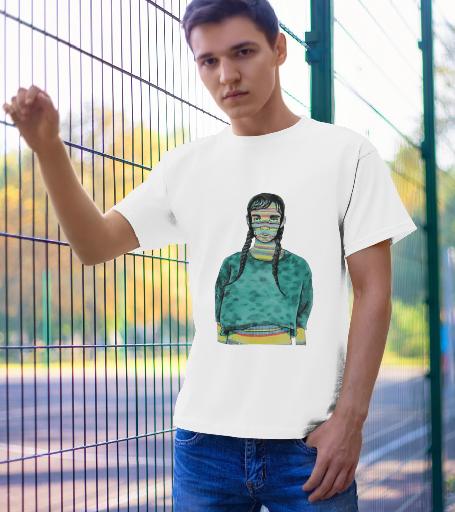 Girl With Braids Colorful Striped Face And Green Sweater T-Shirt