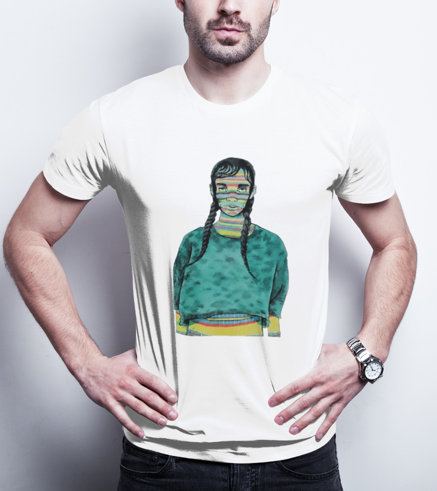 Girl With Braids Colorful Striped Face And Green Sweater T-Shirt