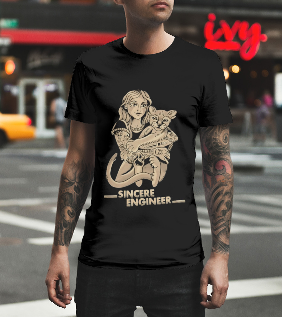 Tattooed Woman Hugging Cat Sincere Engineer T-Shirt