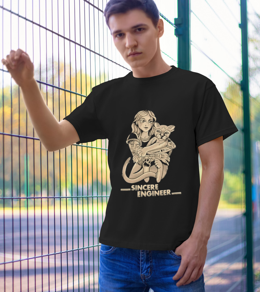 Tattooed Woman Hugging Cat Sincere Engineer T-Shirt