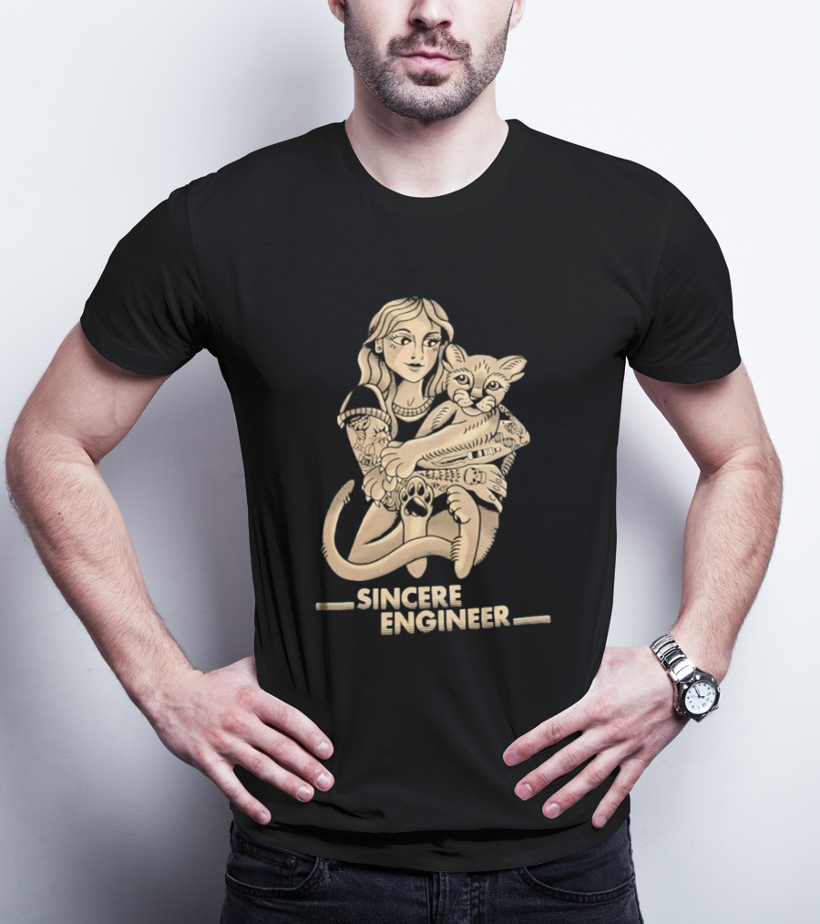 Tattooed Woman Hugging Cat Sincere Engineer T-Shirt